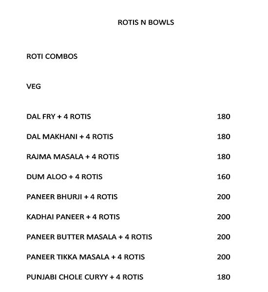 Menu of Roti Wala, Manikonda, Hyderabad