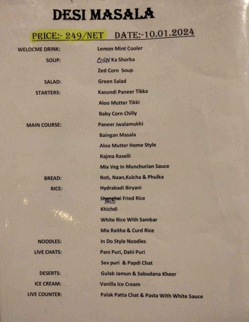 Menu of Desi Masala, Brookefield, Bangalore