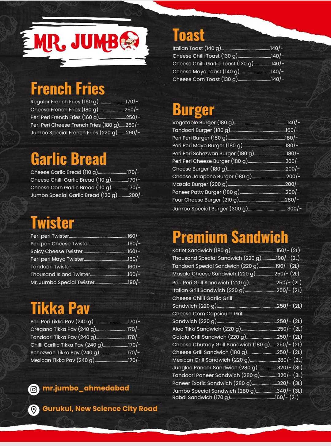 Menu of Mr. Jumbo, Gota, Ahmedabad