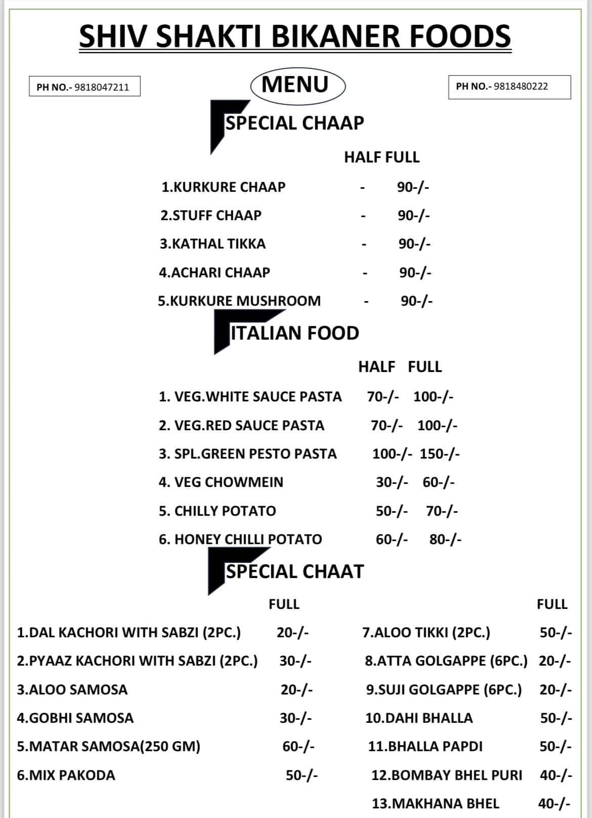 Menu of Shiv Shakti Bikaner Foods, NIT, Faridabad