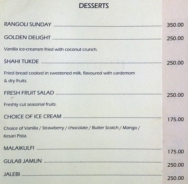 Menu at The Rangoli, Mumbai, Tara Road No. 8