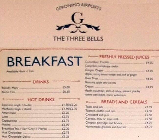 Menu at The Three Bells pub & bar, London, Landside