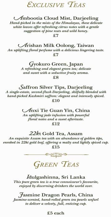 Menu at Harrods Tea Room restaurant, London