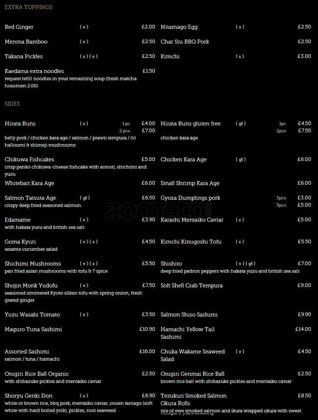 Menu at Shoryu Ramen Express, London