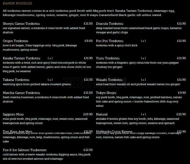 Menu at Shoryu Ramen Express, London