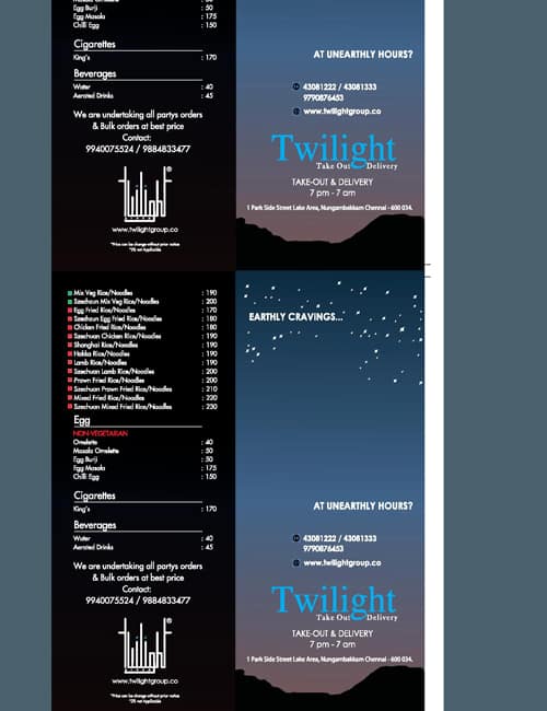 Menu at Twilight, Chennai