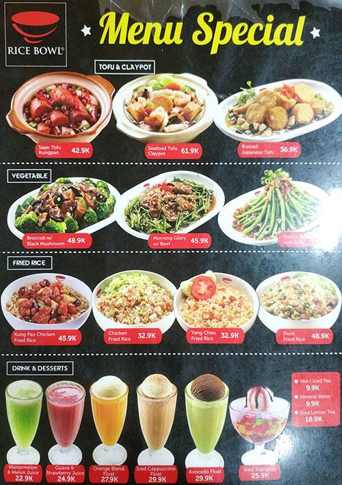 Menu at Rice Bowl restaurant, Jakarta, Mal Ciputra (Citraland)