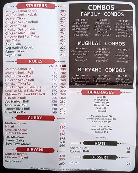 Menu of Khan Chacha, Alpha 2, Greater Noida