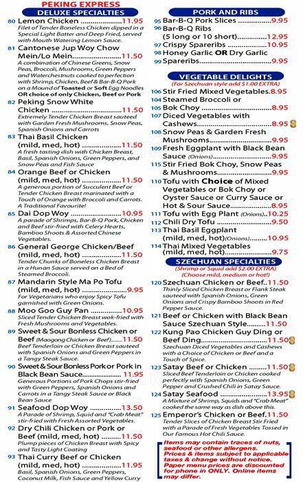 Menu at Peking Express restaurant, Toronto, 217 Parliament St