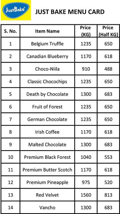 Menu at Just bake, Hyderabad, JB BACHUPALLY. H No-1-8-133 shop no1