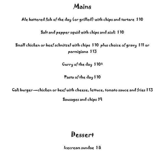 Menu at Caledonian Hotel pub & bar, North Adelaide