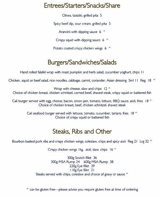 Menu at Caledonian Hotel pub & bar, North Adelaide