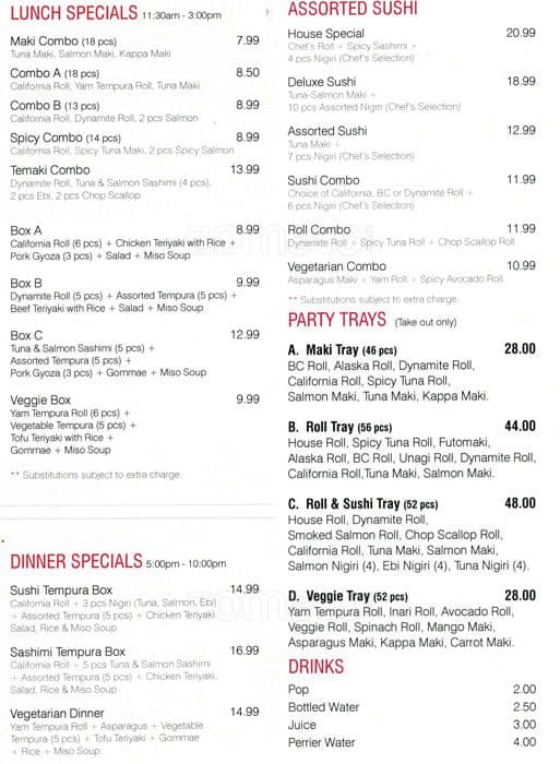 Menu at Temaki Sushi restaurant, Vancouver, W Broadway