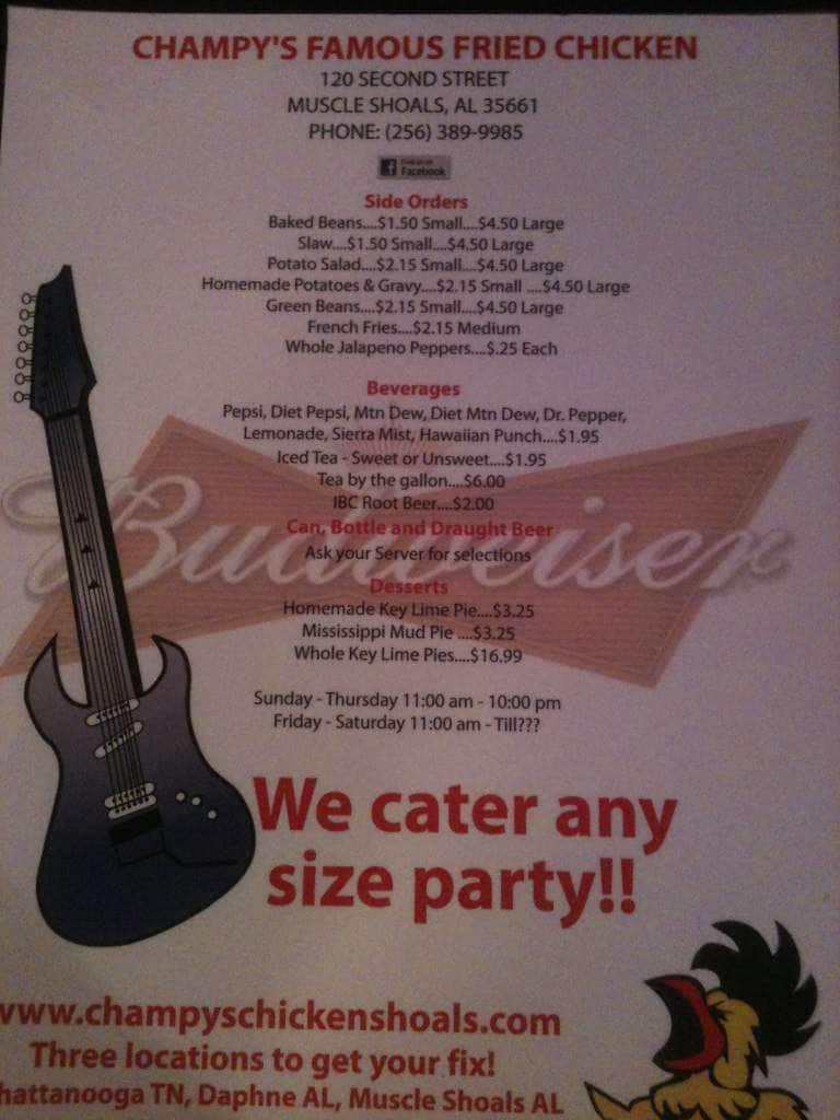 Menu at Champy's Famous Fried Chicken pub & bar, Muscle Shoals