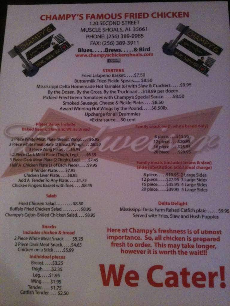 Menu at Champy's Famous Fried Chicken pub & bar, Muscle Shoals