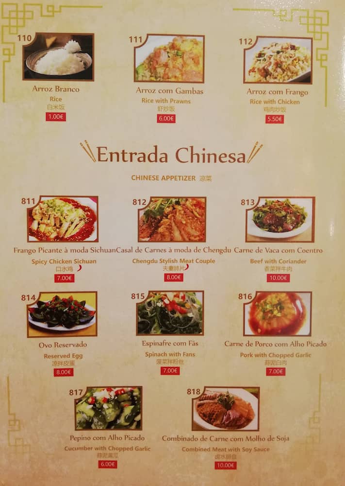 Menu at Nova Paris, Lisbon