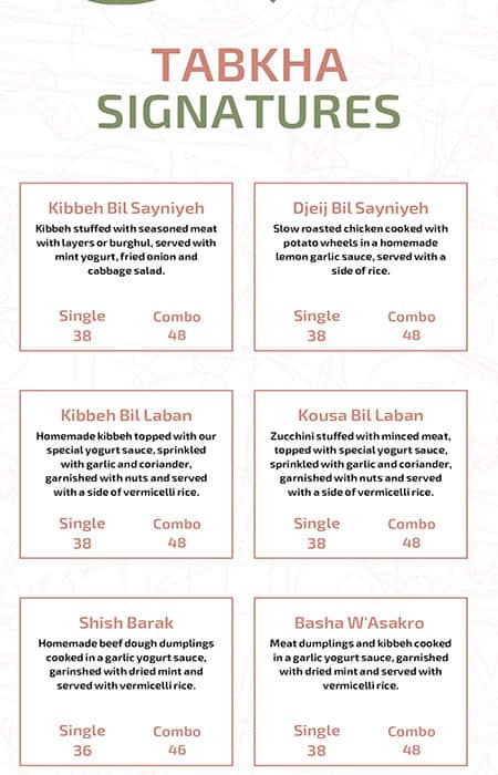 Menu at Tabkha, Dubai