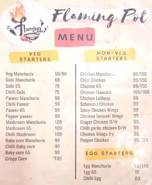 Menu of Flaming Pot, Langer Houz, Hyderabad