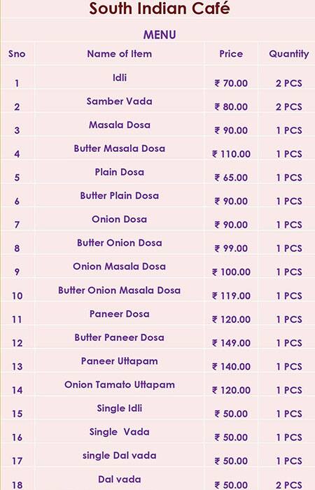 Menu of South Indian Cafe, Mayur Vihar Phase 1, New Delhi