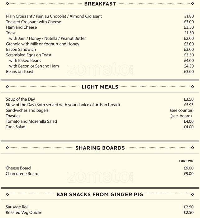 Menu at Bush Cafe Bar, London