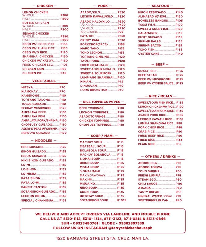 Menu at Terry's Chicken House restaurant, Manila, Bambang St