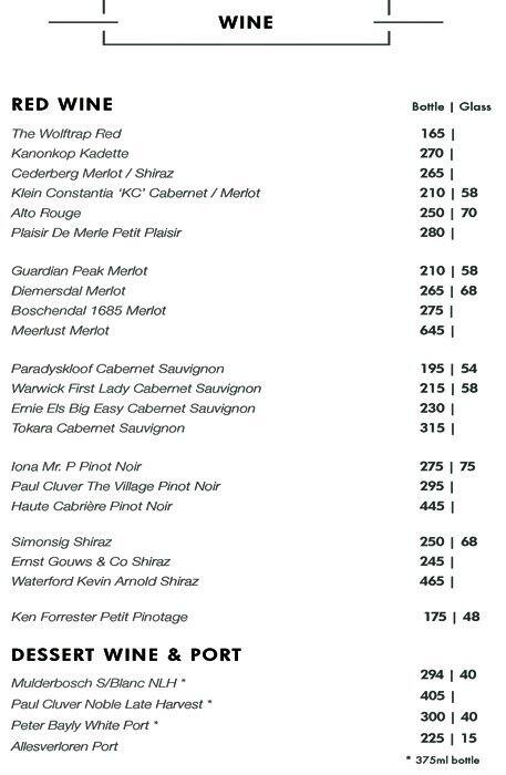 Menu at HQ Restaurant - Heritage Square, Cape Town