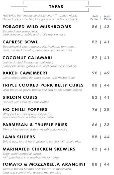 Menu at HQ Restaurant - Heritage Square, Cape Town