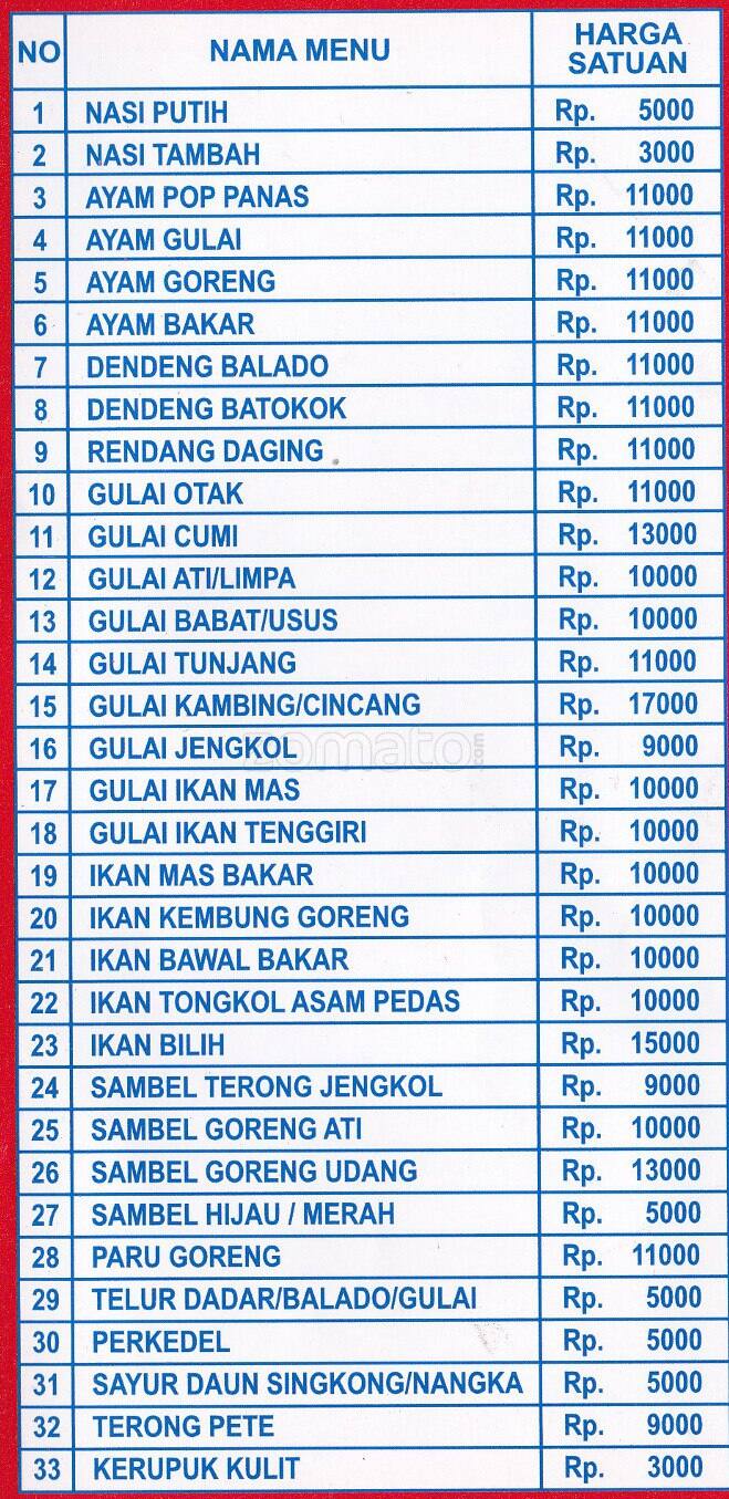Menu at RM. MInang Raya restaurant, East Jakarta, Jl. Raya Bogor No.24