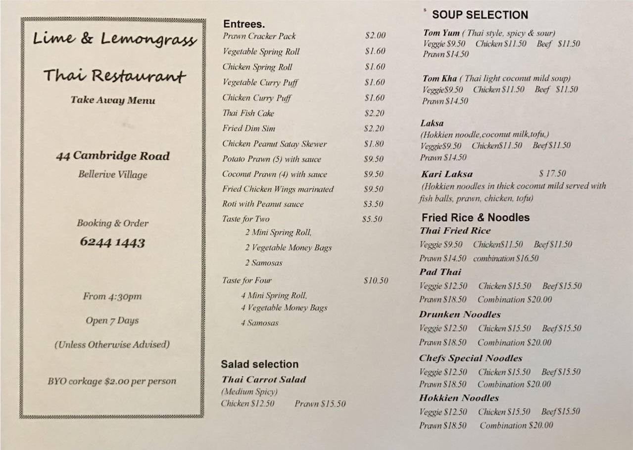 Menu At Lime And Lemongrass Thai Food Restaurant Bellerive