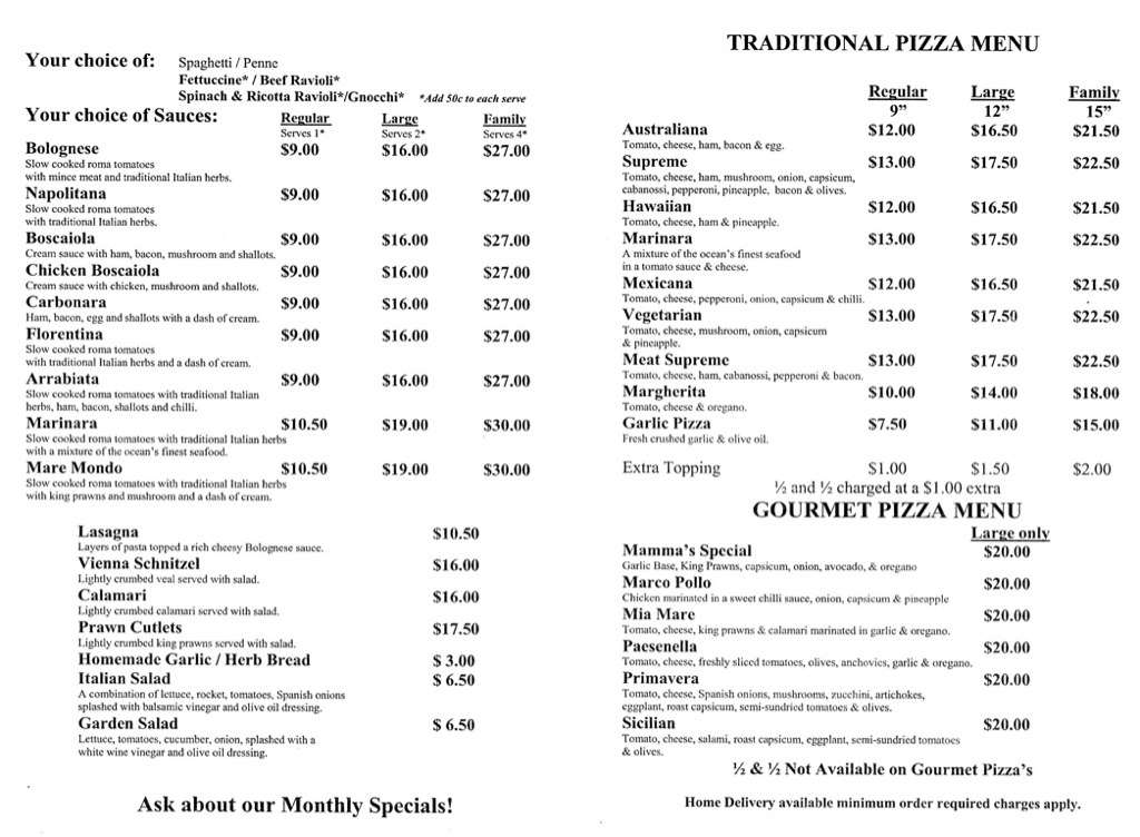 Menu at Mamma's Italian Kitchen fast food, Bomaderry