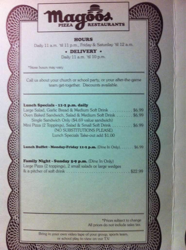 Online Menu of Magoos Pizza Restaurant Restaurant, Bakersfield ...