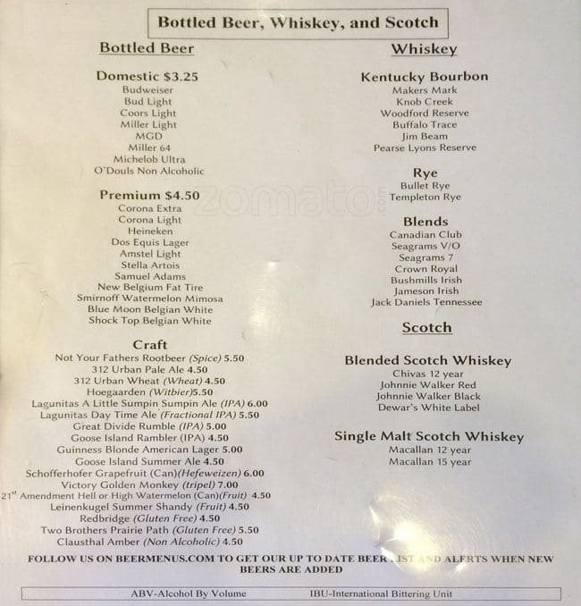 Menu at Jimmy B's restaurant, Naperville