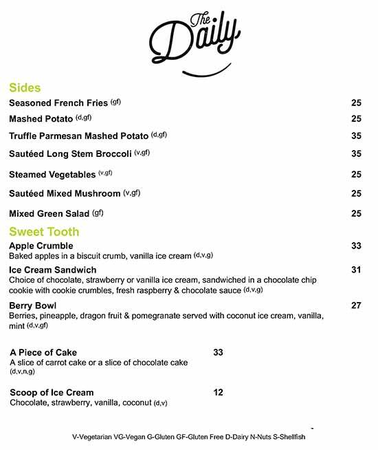 Menu at The Daily City Centre restaurant, Dubai, Rove City Centre
