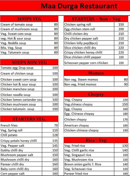 Menu of Maa Durga Restaurant, Indirapuram, Ghaziabad