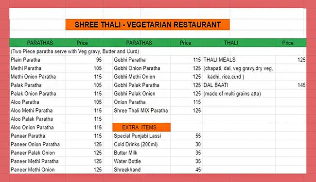 Menu of Shree Thali, Koramangala 5th Block, Bangalore