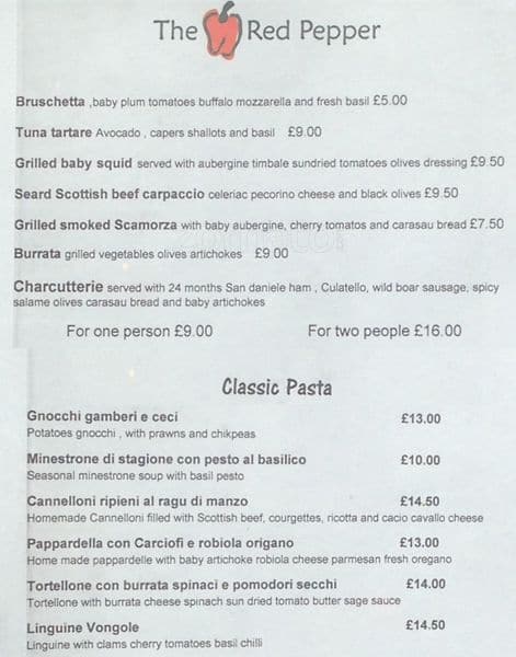 Menu at The Red Pepper restaurant, London, 8 Formosa St