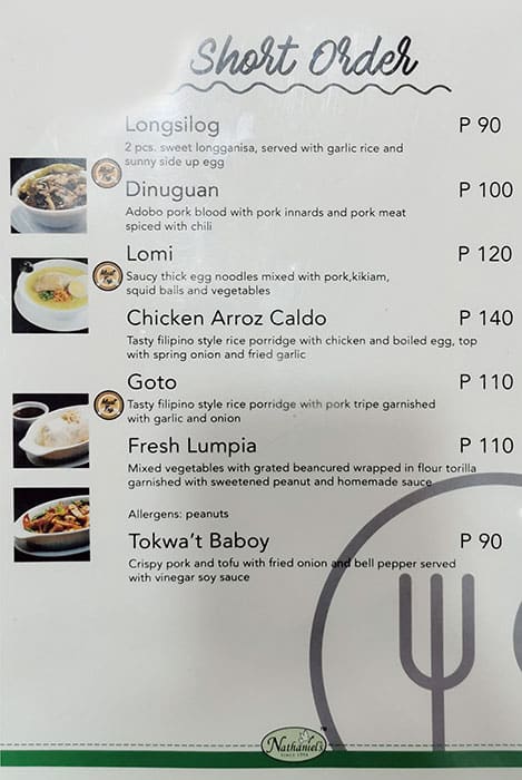 Menu at Nathaniel's Bakeshop restaurant, Muntinlupa