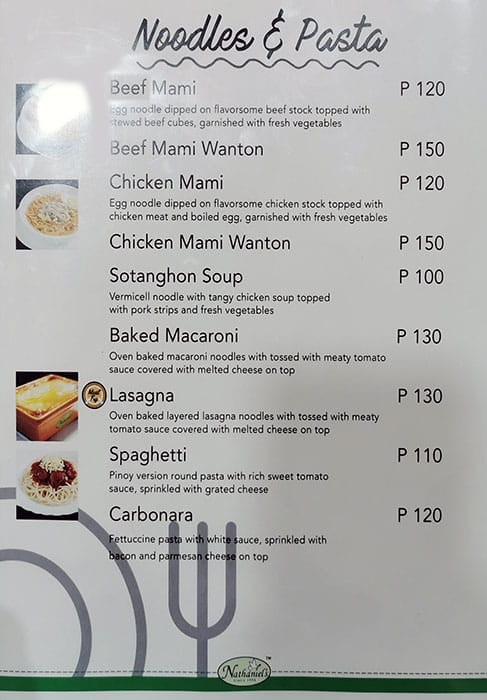 Menu at Nathaniel's Bakeshop restaurant, Muntinlupa