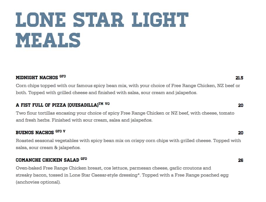 Menu at Lone Star steakhouse, Auckland, 1/270 Oteha Valley Rd