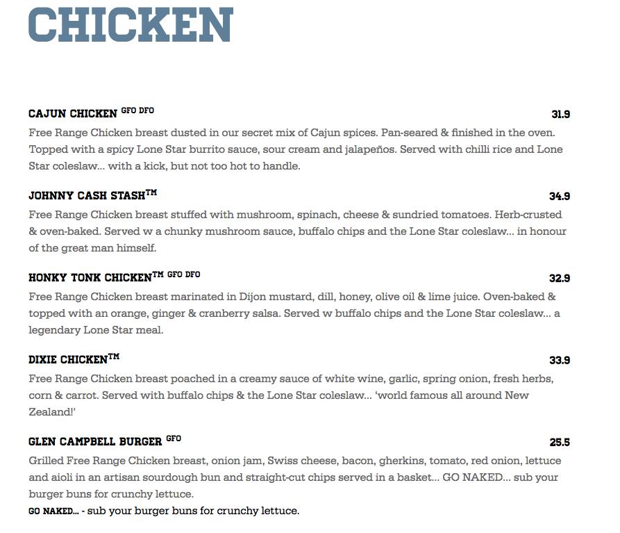 Menu at Lone Star restaurant, Auckland, 223 Green Ln W