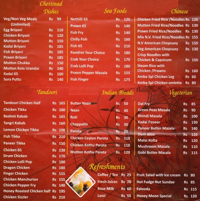 Menu at Sri Amba, Chennai