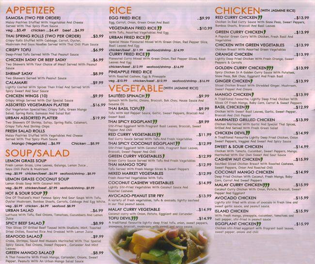 Urban Thai Menu, Menu for Urban Thai, Little Italy, Toronto ...