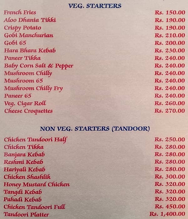 Menu of Sharda Classic, Panaji, Goa