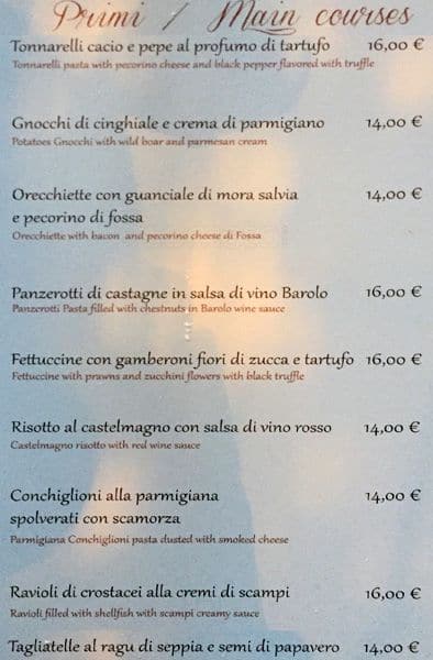 Menu at Il Bacaro restaurant, Rome, Via degli Spagnoli