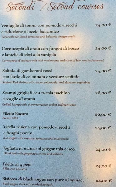 Menu at Il Bacaro restaurant, Rome, Via degli Spagnoli