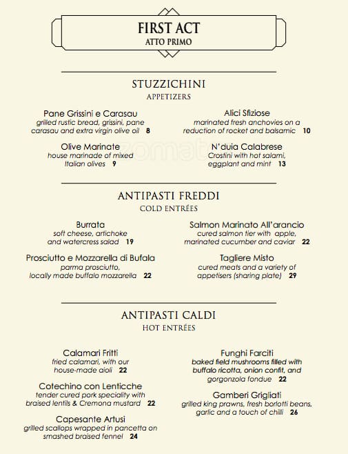 Menu at Artusi Restaurant, Castlecrag