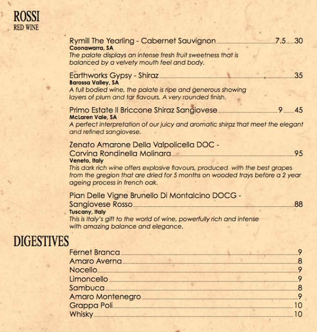 Menu at Artusi Restaurant, Castlecrag