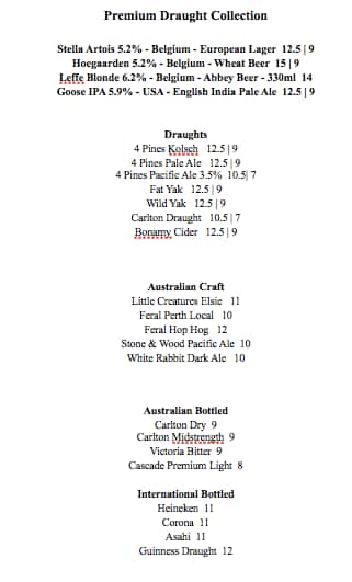 Menu at The Harbour Master pub & bar, Fremantle