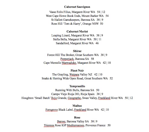 Menu at The Harbour Master pub & bar, Fremantle