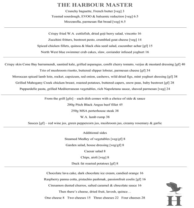 Menu at The Harbour Master pub & bar, Fremantle